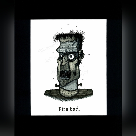 Handmade | Wall Decor | Halloween Art Frankenstein Fire Bad Hand Drawn ...